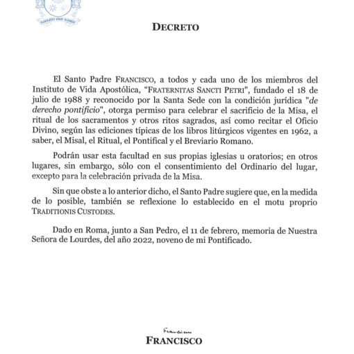 Decree of Pope Francis confirming the use of the 1962 liturgical books ...